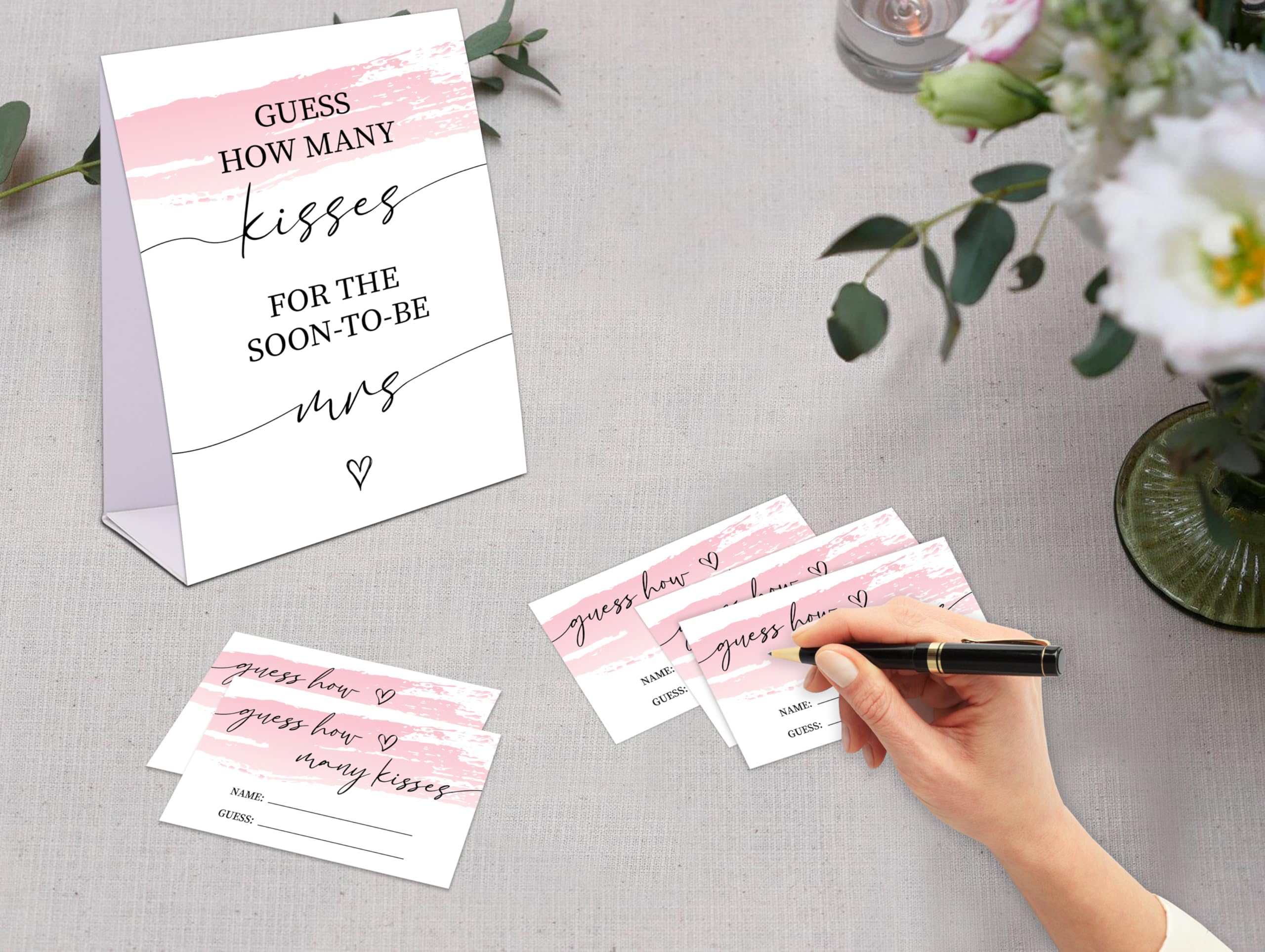 Pink Swash Bridal Shower Game, Guess How Many Kisses For The Soon To Be Mrs, Pack of 1 Sign and 50 Guessing Cards, Modern Bridal Shower Decorations, Wedding Shower Supplies - 05