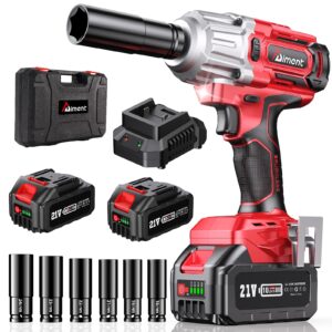 aiment 590 ft-lbs/800nm cordless impact wrench 1/2 inch, 3000rpm brushless impact gun w/ 2 * 4.0ah li-ion battery, fast charger, 6 sockets, electric impact wrench for car home truck tractor am800