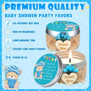 24 Pack Baby Shower Candle Favors Bulk for Guests Baptism Party Favor Candles Gender Reveal Gift Soy Tealight Candles with Love Wooden Sign and Flower Bouquet Decoration(Blue)