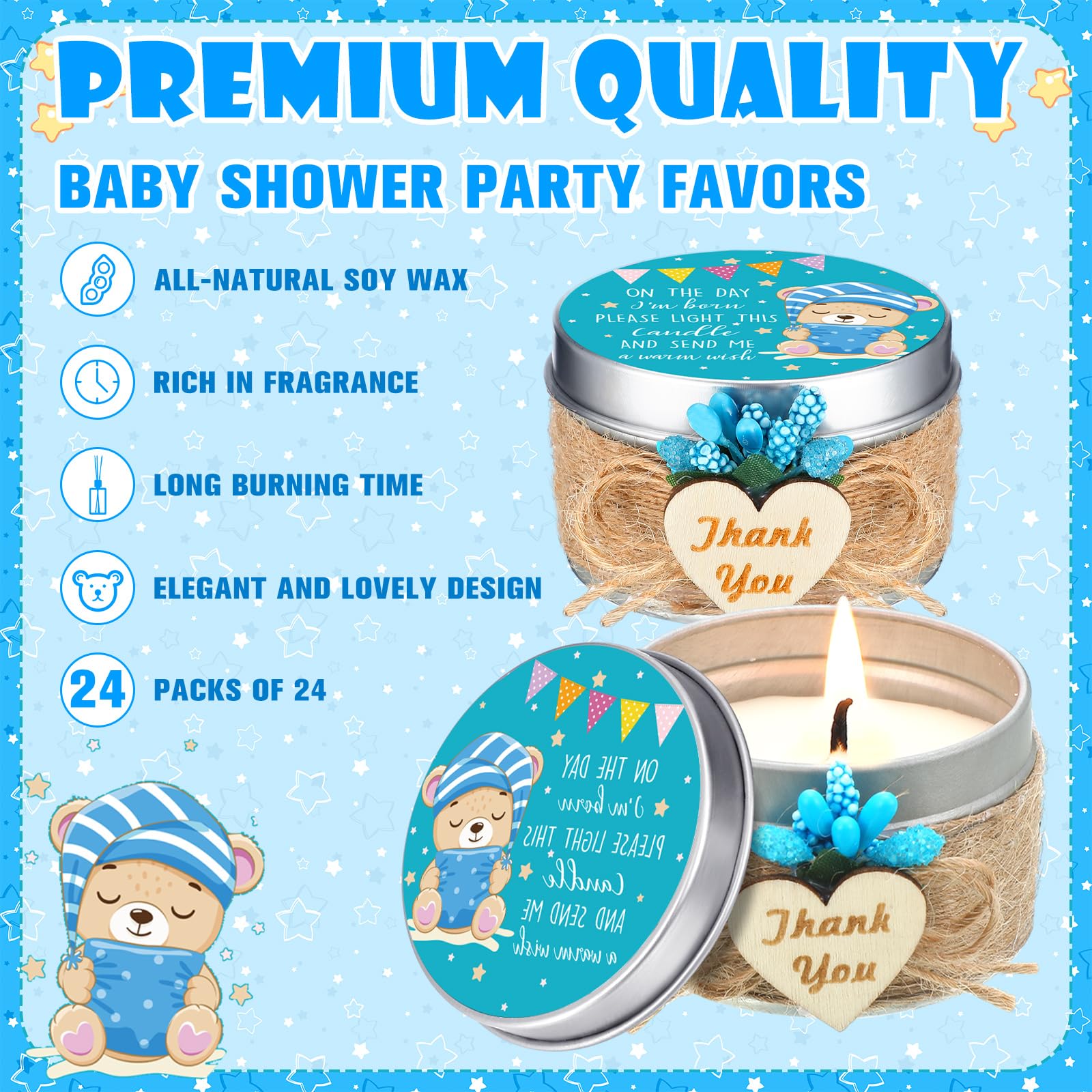 24 Pack Baby Shower Candle Favors Bulk for Guests Baptism Party Favor Candles Gender Reveal Gift Soy Tealight Candles with Love Wooden Sign and Flower Bouquet Decoration(Blue)