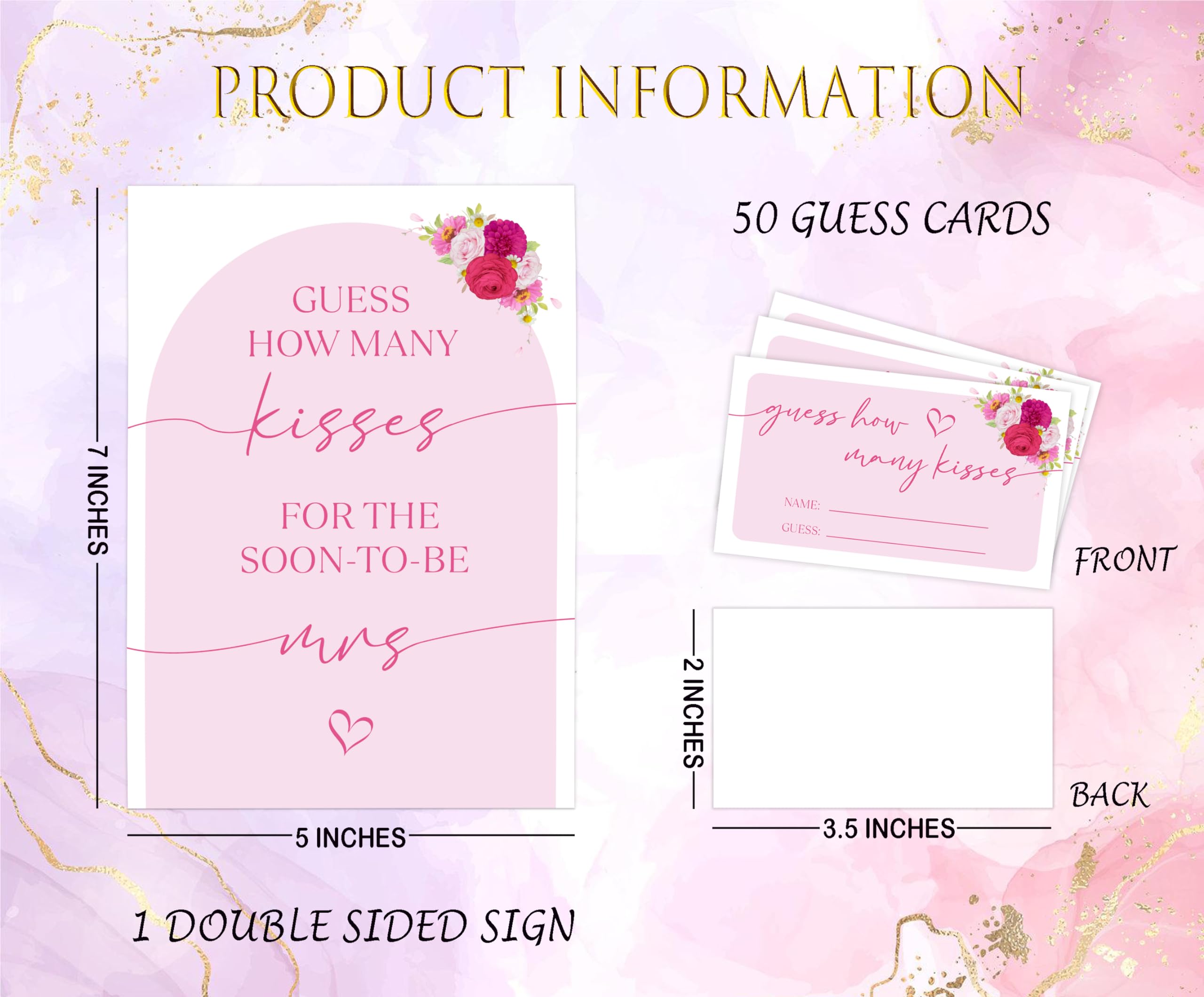 Pink Floral Bridal Shower Game, Guess How Many Kisses For The Soon To Be Mrs, Pack of 1 Sign and 50 Guessing Cards, Modern Bridal Shower Decorations, Wedding Shower Supplies - 01