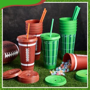 Uiifan 12 Pcs Football Cups with Lid and Straw Football Party Favors Plastic Tumbler Reusable Football Cups for Football Birthday Sport Party Decoration(24oz)