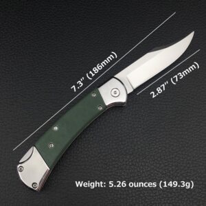 HUAAO 7.3 Inch Camping Folding Knife, Pocket Knife with 440C Steel Blade G10 Handle, Lock Back Knife with Leather Sheath (Green Handle)