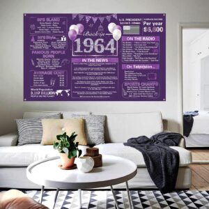 Crenics Purple 60th Birthday Decorations for 1964, Back in 1964 Birthday Backdrop Banner 5.9 x 3.6 Ft, 60 Years Old Birthday Party Supplies for Women