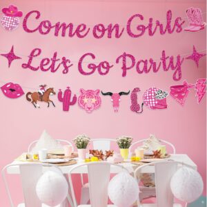 5 PCS Let’s Go Party Banner Hot Pink Party Decorations Cowgirl Pennant Flag Come on Girls Banner Princess Themed Hanging Decor for Birthday Princess Wedding Bridal Shower Party Supplies