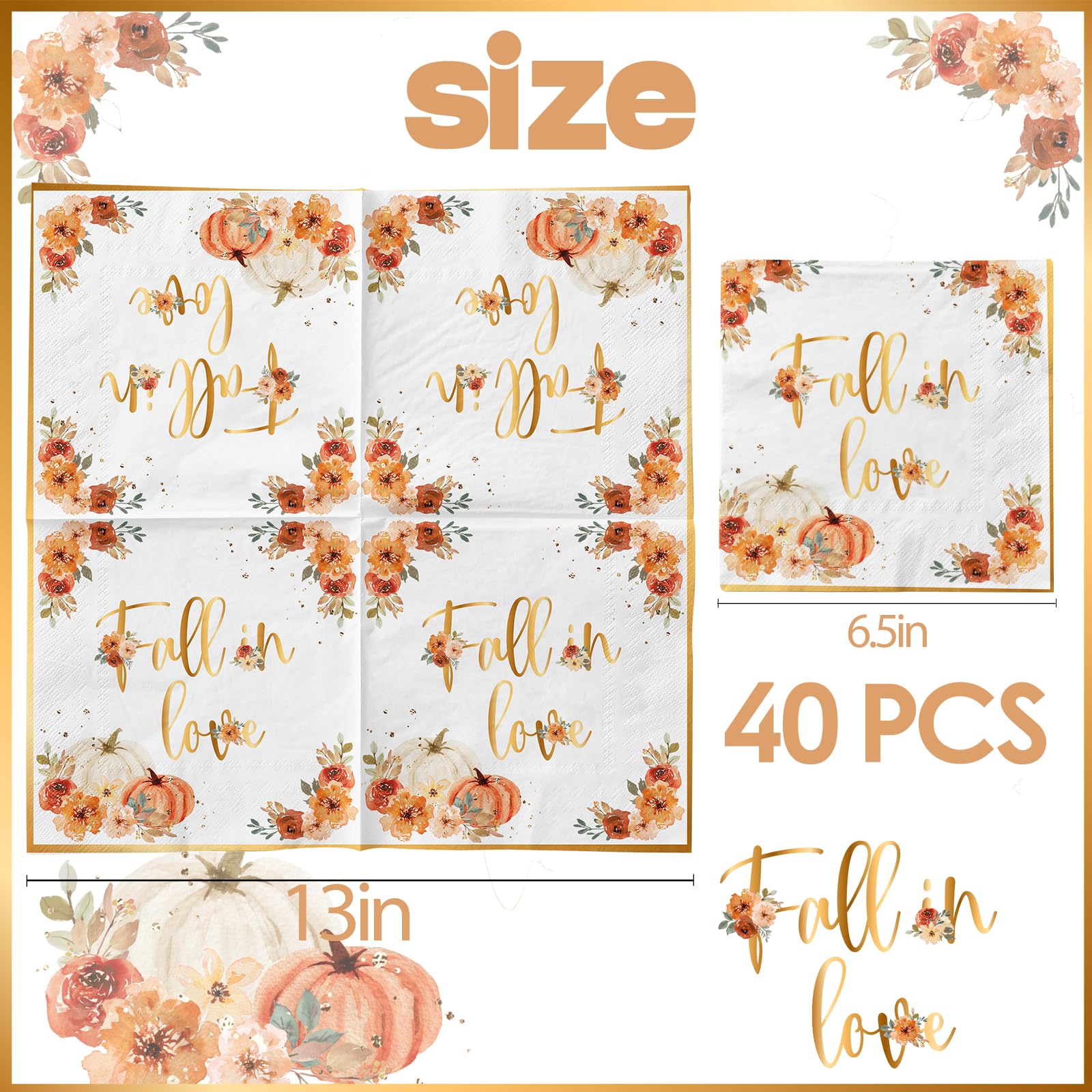 Fall in Love Bridal Shower Napkins Decorations,40Pcs Fall Floral Wedding Engagement Party Decorations Set Orange Fall in Love Napkins for Autumn Thanksgiving Party Disposable Supplies