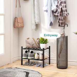 viewcare Black Small Shoe Rack for Entryway,2-Tier Bamboo Shoe Organizer for Hallway Closet, Free Standing Shoe Racks for Indoor Outdoor