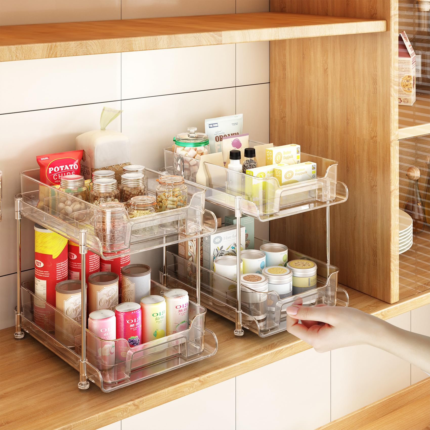 Under Sink Organizer, 2 Packs Bathroom Organizers and Storage,Stackable Multi-purpose 2 Tier Pull out Clear Medicine Cabinet Drawer Bins for Bathroom, Kitchen, Pantry, Closet, Countertop with Deviders