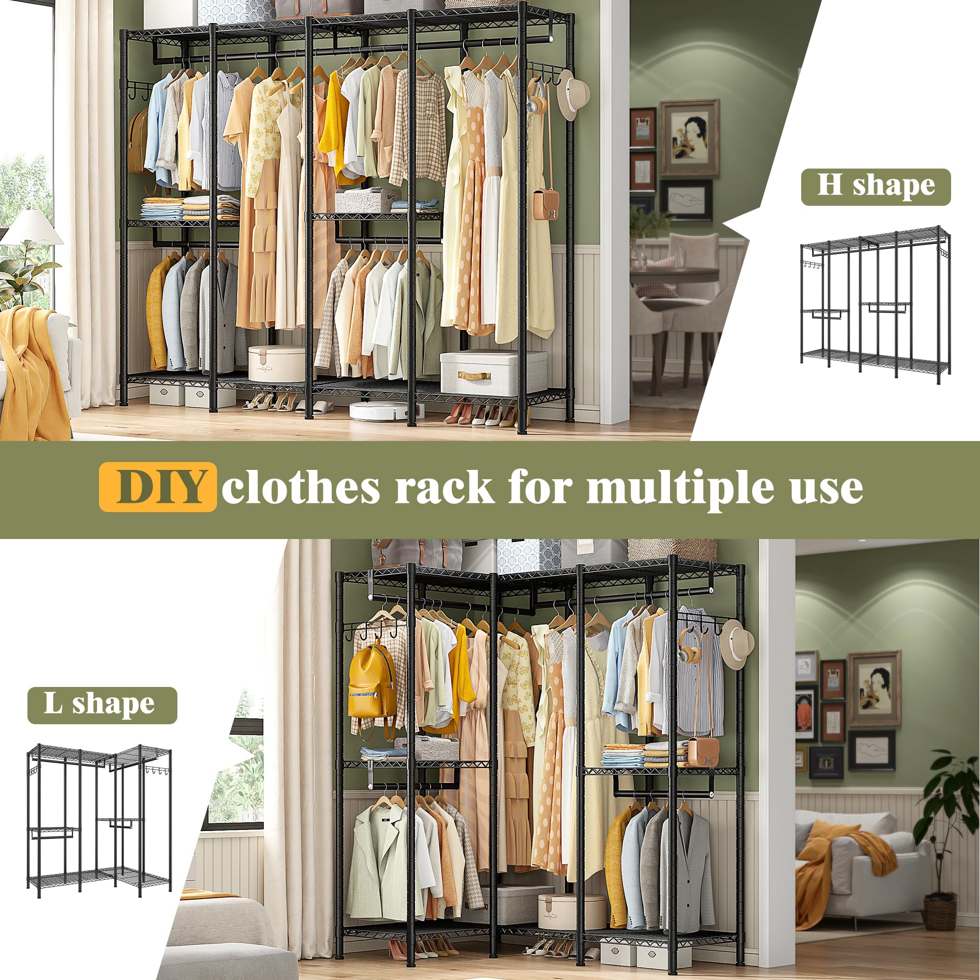 Raybee Clothes Rack, Clothing Rack Heavy Duty Clothing Racks for Hanging Clothes 910LBS, Metal Garment Rack Heavy Duty Clothes Rack Freestanding Wardrobe Closet Rack, 75" H x 75" W x 15.7" D, Black