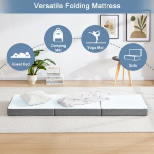 POHARE 4 inch Folding Mattress Twin, Memory Foam Foldable Mattress Topper with Storage Bag, Portable Trifold Mattress with Breathable Washable Cover for Camping, Floor, Guest (75"x38"x4")