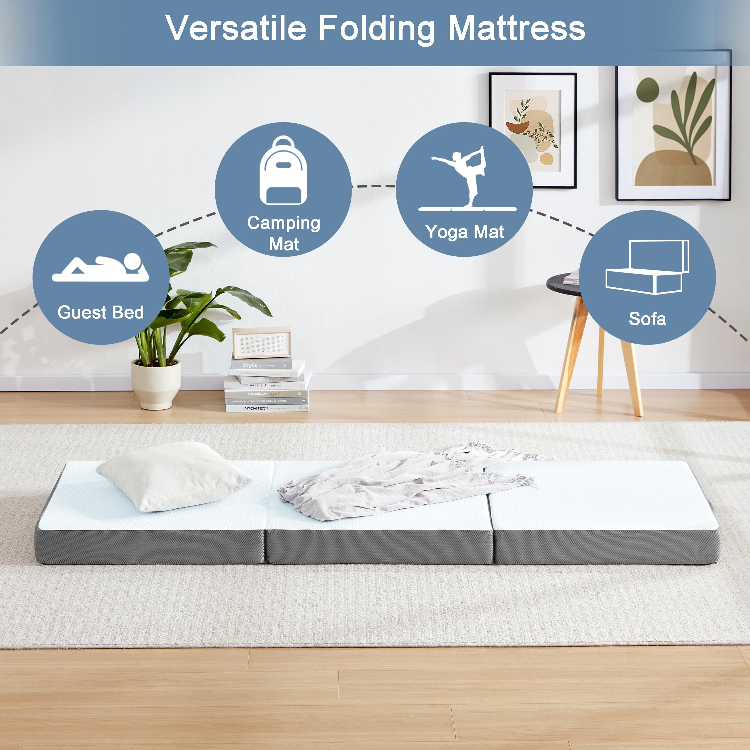 POHARE 4 inch Folding Mattress Single, Memory Foam Foldable Mattress Topper with Storage Bag, Portable Trifold Mattress with Breathable Washable Cover for Camping, Floor, Guest (75"x25"x4")