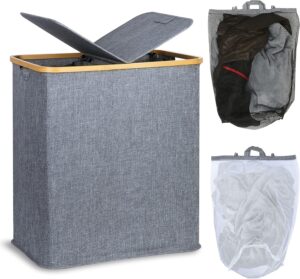 am the america store - double laundry hamper with lid, divided laundry hamper with removable bags, 2 section dirty clothes basket with handles for bathroom, bedroom & laundry room, 150l (grey)