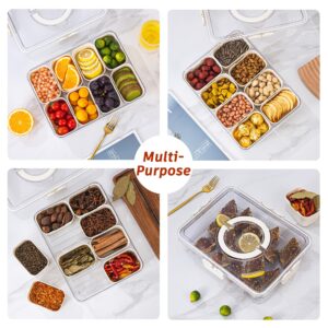 Divided Serving Tray with Lid and Handle - Snackle Box Charcuterie Container for Portable Snack Platters - Clear Organizer for Candy, Fruits, Nuts, Snacks - Perfect for Party, Entertaining