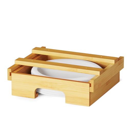 SpaceAid 8.5-inch Paper Plate Dispenser, Under Cabinet Bamboo Plates Holder, Kitchen Counter Vertical Plate Dipensers Holders Countertop Caddy (for 8.5 inches Plates, Bamboo)