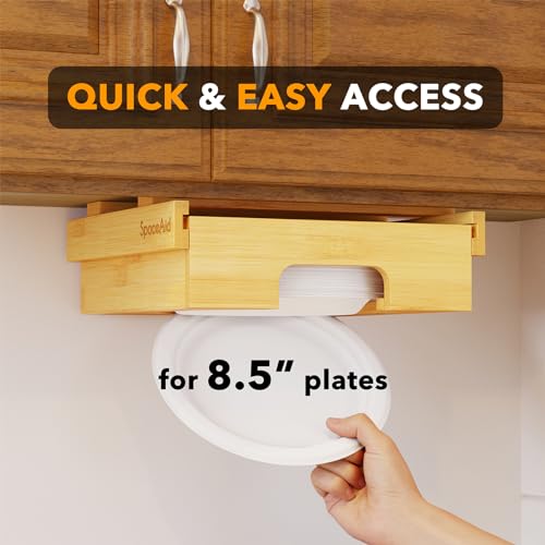 SpaceAid 8.5-inch Paper Plate Dispenser, Under Cabinet Bamboo Plates Holder, Kitchen Counter Vertical Plate Dipensers Holders Countertop Caddy (for 8.5 inches Plates, Bamboo)