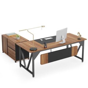 little tree 70.8" executive desk with 35.4" file cabinet, l-shaped computer desk, wood office desk for home office