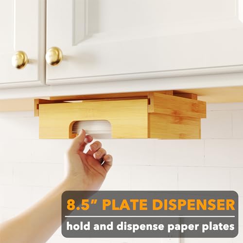 SpaceAid 8.5-inch Paper Plate Dispenser, Under Cabinet Bamboo Plates Holder, Kitchen Counter Vertical Plate Dipensers Holders Countertop Caddy (for 8.5 inches Plates, Bamboo)