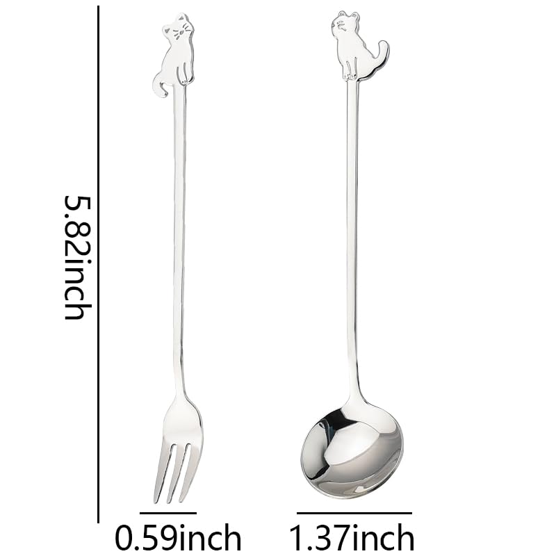 Cat Spoon Fork for Cat Lover Gifts for Women Men Coffee Spoons for Coffer Lover Birthday Christmas Gifts for Couples Friend Family Cute Cats Dessert Forks Teaspoon Set of 2