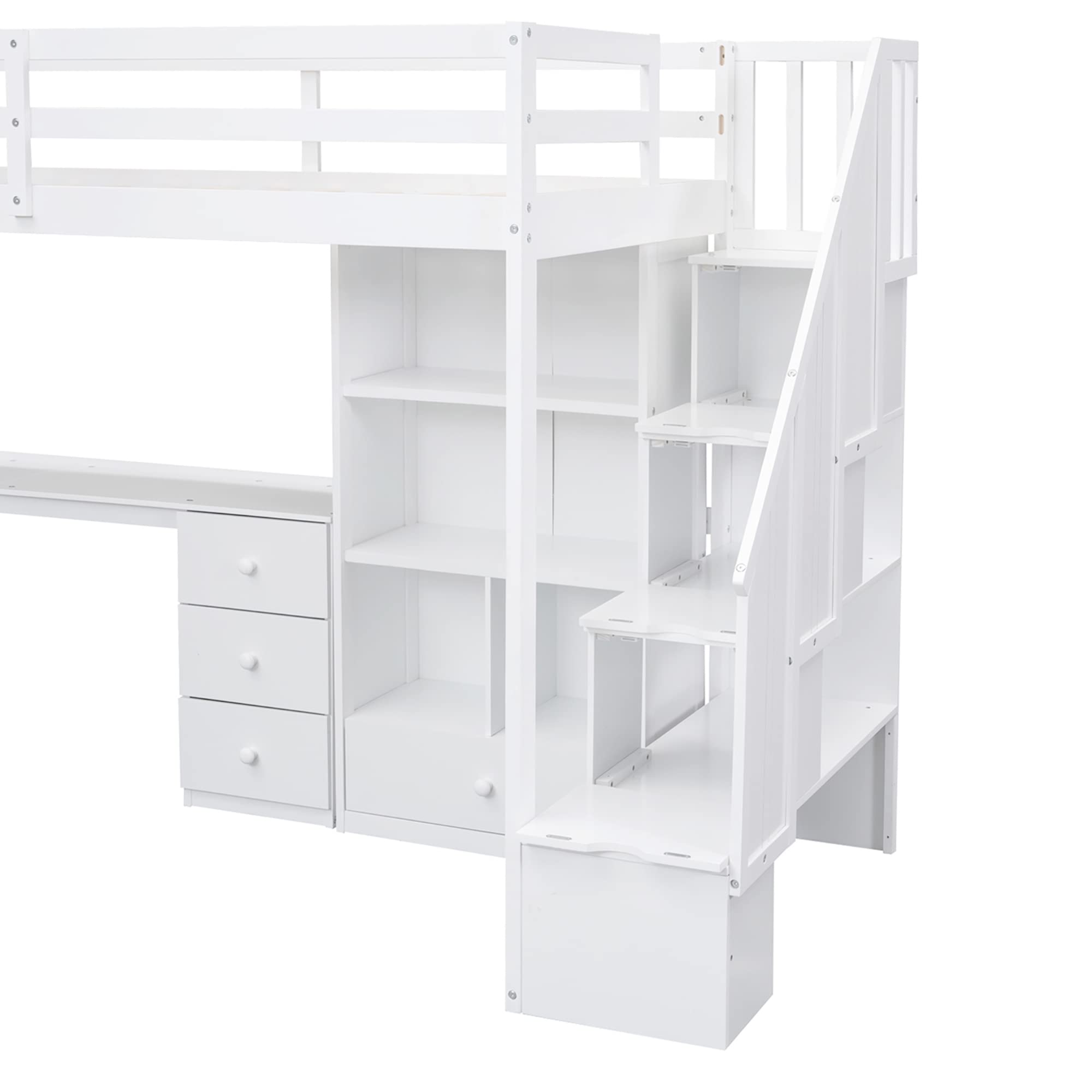 SOFTSEA Twin Loft Bed with L-Shaped Desk & Stairs, Wood Loft Bed with Desk and Storage Staircase, Twin Loft Bed with Bookcase and Storage Drawers, High Loft Bed with Desk for Kids Teens Adults, White