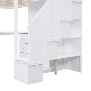 SOFTSEA Twin Loft Bed with L-Shaped Desk & Stairs, Wood Loft Bed with Desk and Storage Staircase, Twin Loft Bed with Bookcase and Storage Drawers, High Loft Bed with Desk for Kids Teens Adults, White