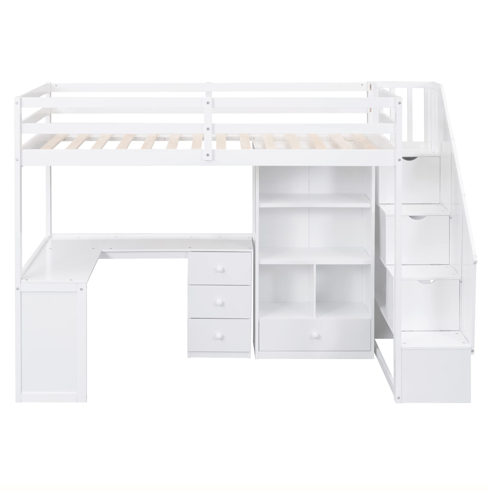 SOFTSEA Twin Loft Bed with L-Shaped Desk & Stairs, Wood Loft Bed with Desk and Storage Staircase, Twin Loft Bed with Bookcase and Storage Drawers, High Loft Bed with Desk for Kids Teens Adults, White