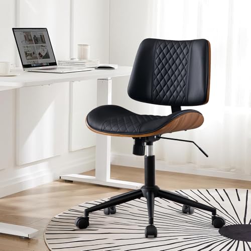 BV BONNE VIE Modern Chair, Armless Small Desk Chair with Wheels, Mid Back, Faux Leather, Black, Office & Reading, 300 lbs Weight Capacity