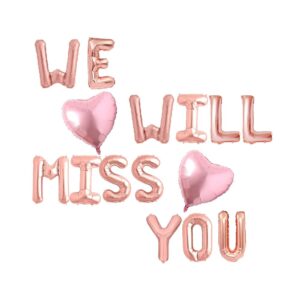 we will miss you balloons, rose gold mylar farewell party sign, going away/job change/travel/retirement/graduation party supplies