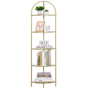 homhedy 5-tier corner shelf stand, metal corner bookshelf, tempered glass shelves, bathroom storage rack shelf, plant stand, modern style,golden