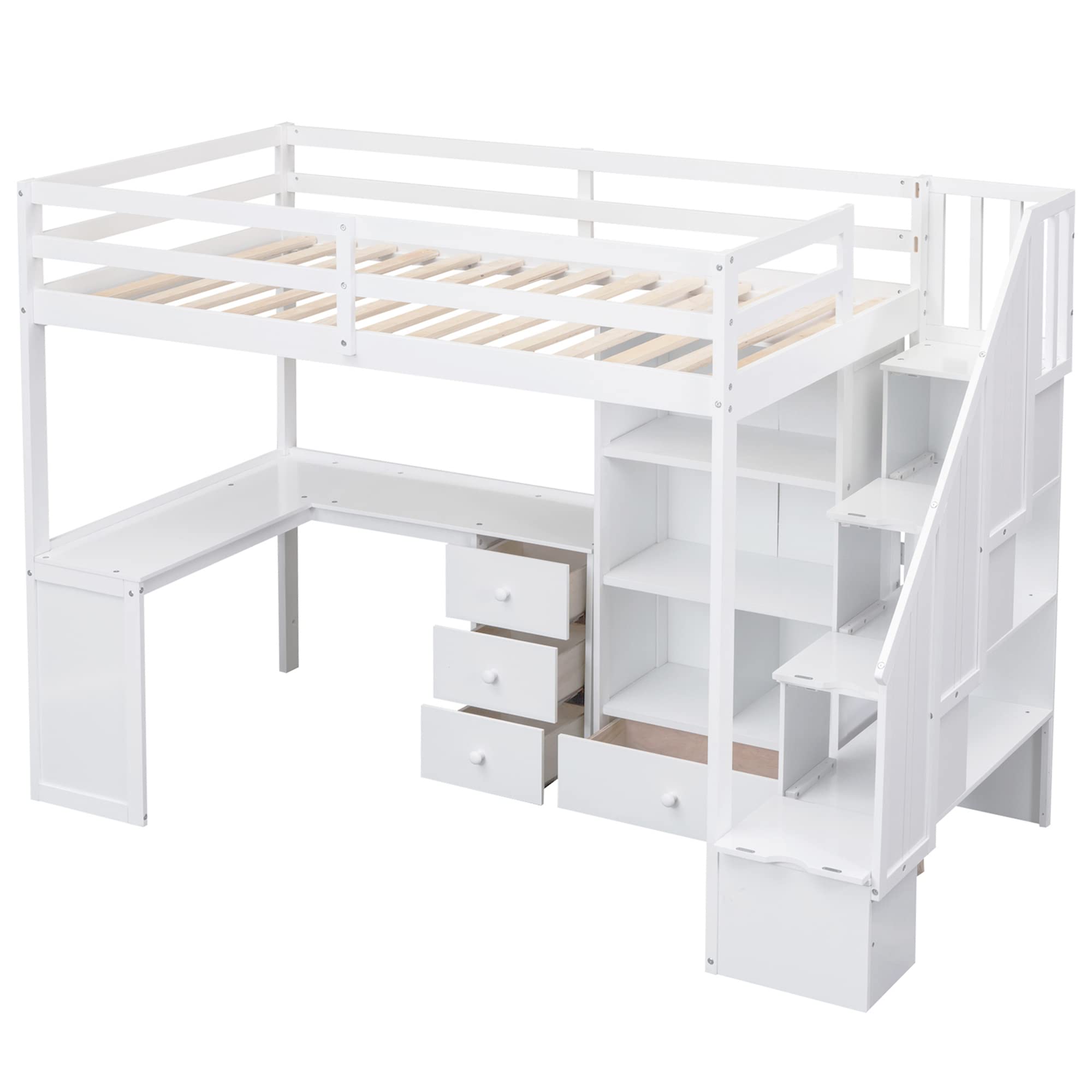 SOFTSEA Twin Loft Bed with L-Shaped Desk & Stairs, Wood Loft Bed with Desk and Storage Staircase, Twin Loft Bed with Bookcase and Storage Drawers, High Loft Bed with Desk for Kids Teens Adults, White