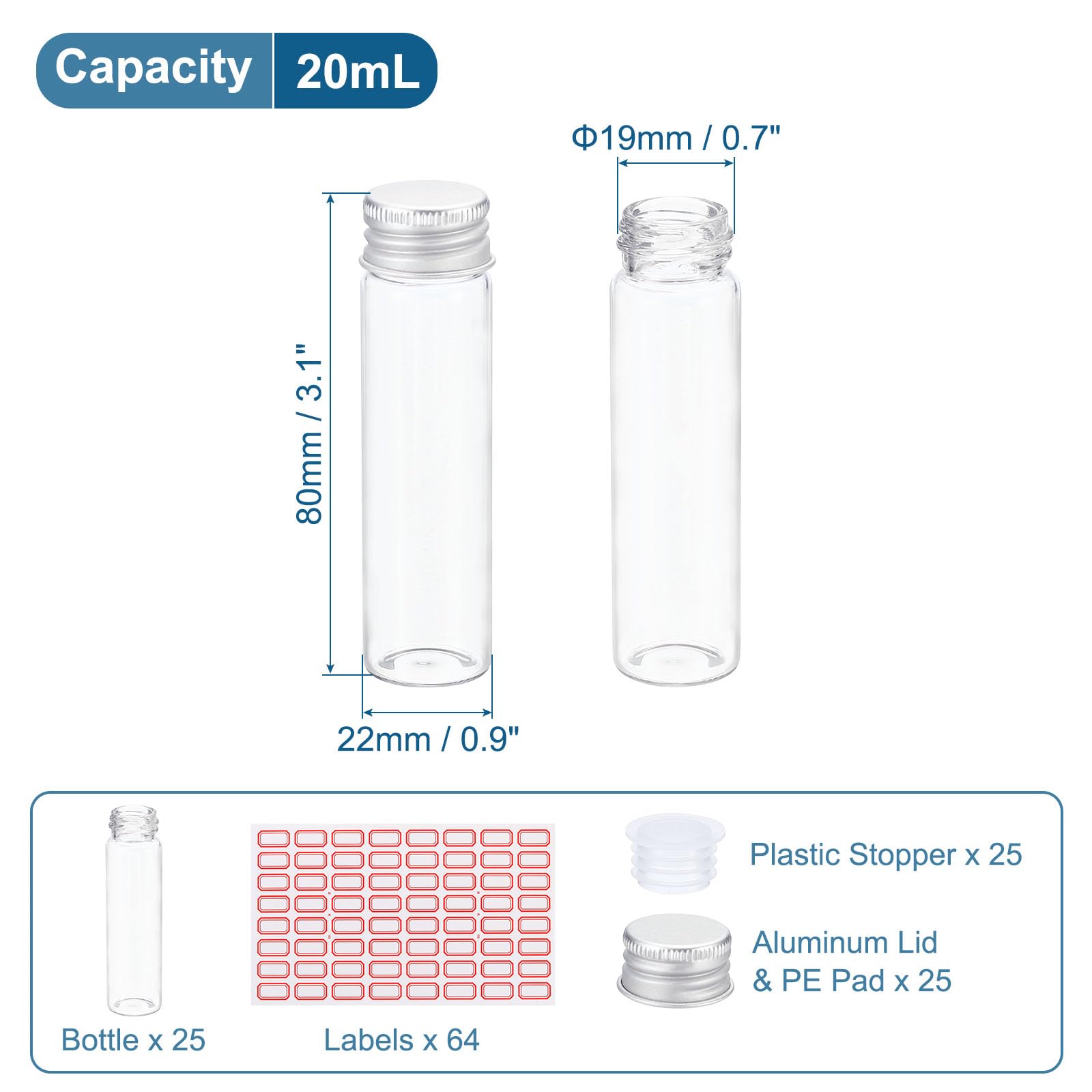 PATIKIL 20ml Clear Glass Vials, 25 Pack Small Liquid Sample Vial with Screw Caps Plastic Stoppers and 64 Labels Leak-Proof Bottles Empty Jars