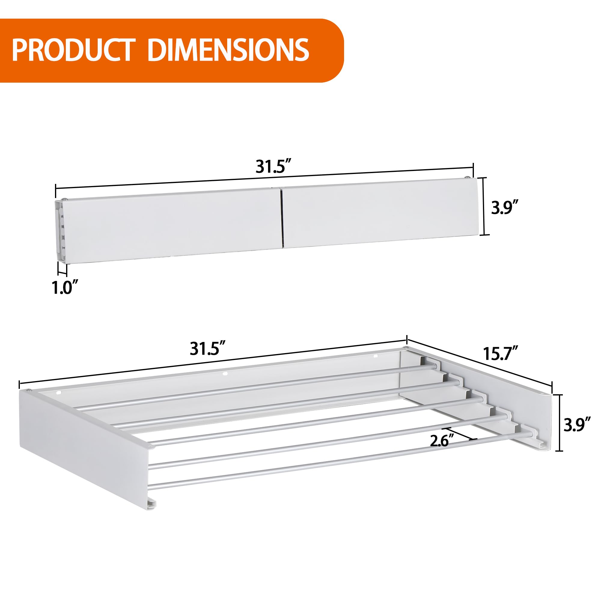 FOCHIER F Laundry Drying Rack Wall Mounted Clothes Drying Rack Collapsible 31.5" Wide with 13.2 Linear Ft and 5 Aluminum Rods Drilling Template Long Screwdriver Bit 60 lbs Capacity White