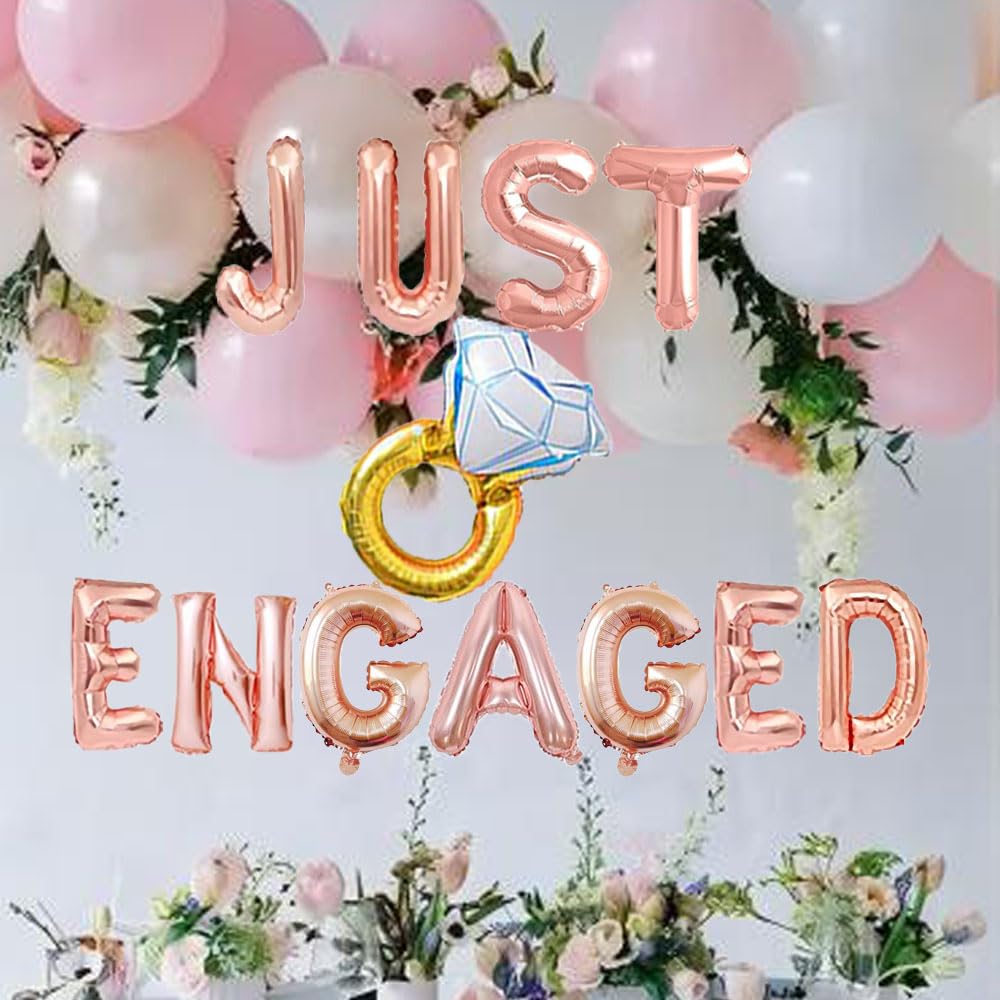 Just Engaged Balloons, Rose Gold Mylar Balloons Decors For Engagement/Wedding/Bchelorette/Bridal Shower Party Sign Supplies