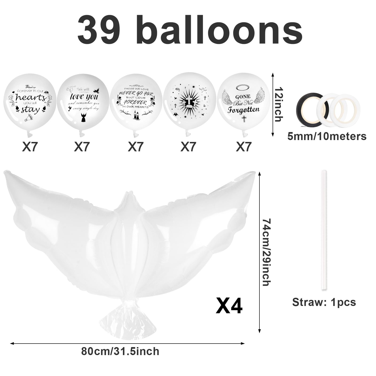 Eaezerav 35 Memorial Balloons & 4 White Dove Balloons to Release in Sky, Pigeon Bird Funeral Balloons Happy Birthday in Heaven Biodegradable Balloons Memorial Decorations