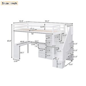 SOFTSEA Twin Loft Bed with L-Shaped Desk & Stairs, Wood Loft Bed with Desk and Storage Staircase, Twin Loft Bed with Bookcase and Storage Drawers, High Loft Bed with Desk for Kids Teens Adults, White