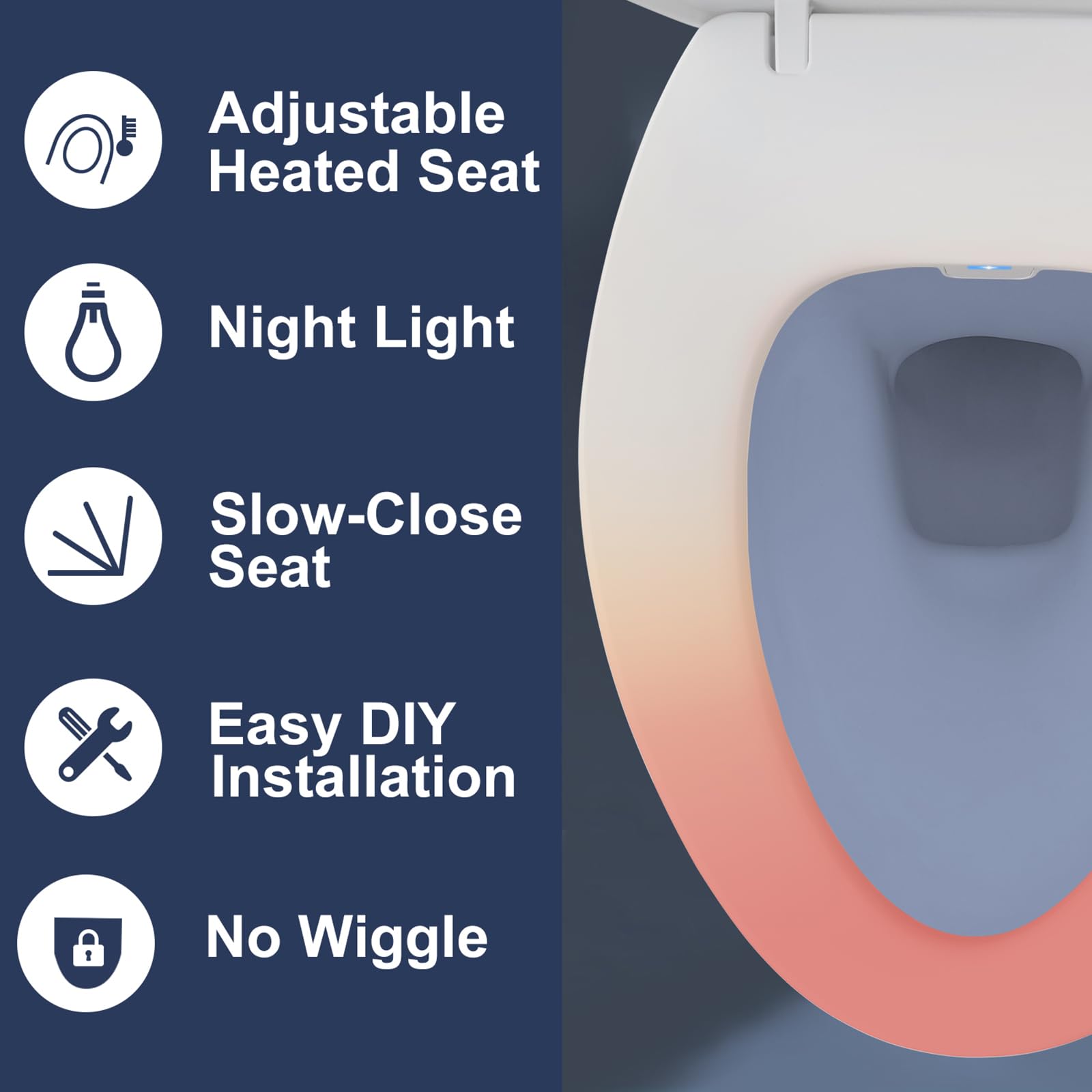 ZMJH S005-B3 Heated Toilet Seat with Night Light, Elongated, Toilet Seat Warmer, Soft Slow Close, Three Temperature Settings, Easy Installation, White