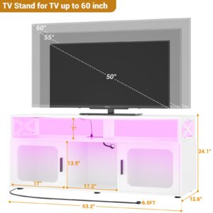 Aheaplus TV Stand for 55 60 Inch TV, Entertainment Center with LED Light & Charging Station, TV Console Table, Large Media Console Cabinet w/Soundbar Shelf, Cord Holes, for Living Room, Bedroom, White