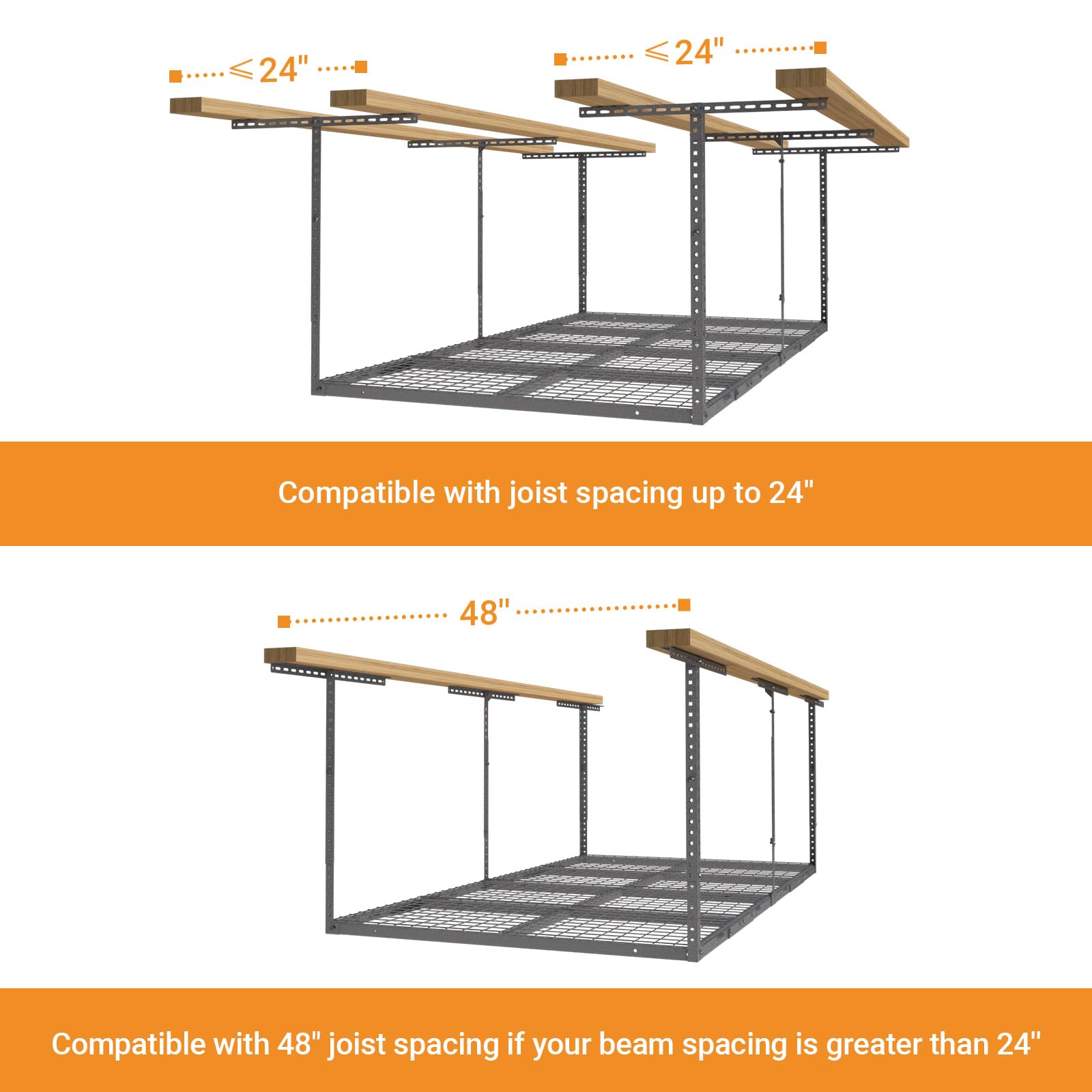 eShelf 4ftx8ft Overhead Garage Storage Rack, Heavy-Duty Metal Garage Ceiling Storage Rack, 22''-40" Adjustable Ceiling Drop-Down, 600 lb. Loading Weight Capacity, Hammertone