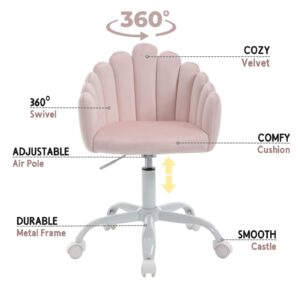 LukeAlon Kids Cute Swivel Desk Chair, Velvet Child Study Chair with Rolling Wheels and Arms, Comfy Upholstered Height Adjustable Teen Vanity Chair for Home Bedroom School, Pink