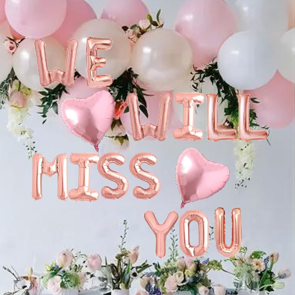 We Will Miss You Balloons, Rose Gold Mylar Farewell Party Sign, Going Away/Job Change/Travel/Retirement/Graduation Party Supplies