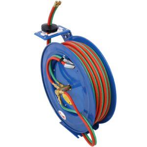 Welding Hose Reel Retractable 1/4 Inch x 100 Foot Twin Oxygen Acetylene Rubber Hoses STD Duty Max 200PSI Heavy Duty Industrial Single Arm Construction