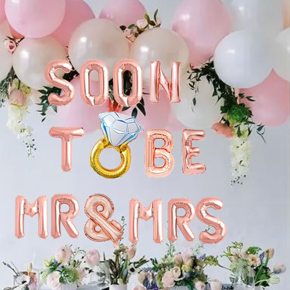 Soon To Be Mr & Mrs Balloons, Rose Gold Wedding Rehearsal/Engagement/Bridal Shower/Bachelorette Party Sign Supplies Decorations