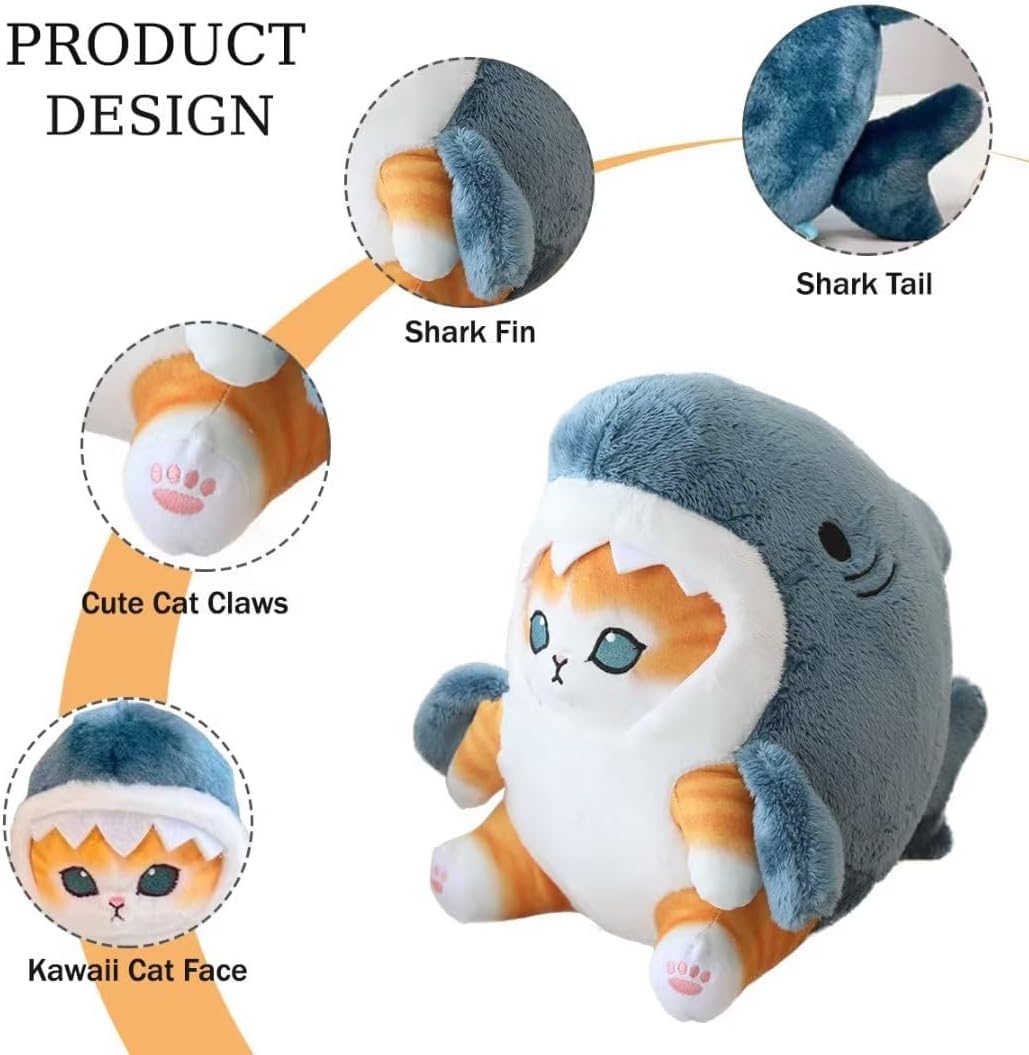 amanss 12'' Cute Shark Cat Plush Toy Shark Cat Stuffed Animal Plushies Doll, Soft Stuffed Shark Kitten Pillow Christmas Birthday Gifts for Kids Boys Girls (Shark Cat)