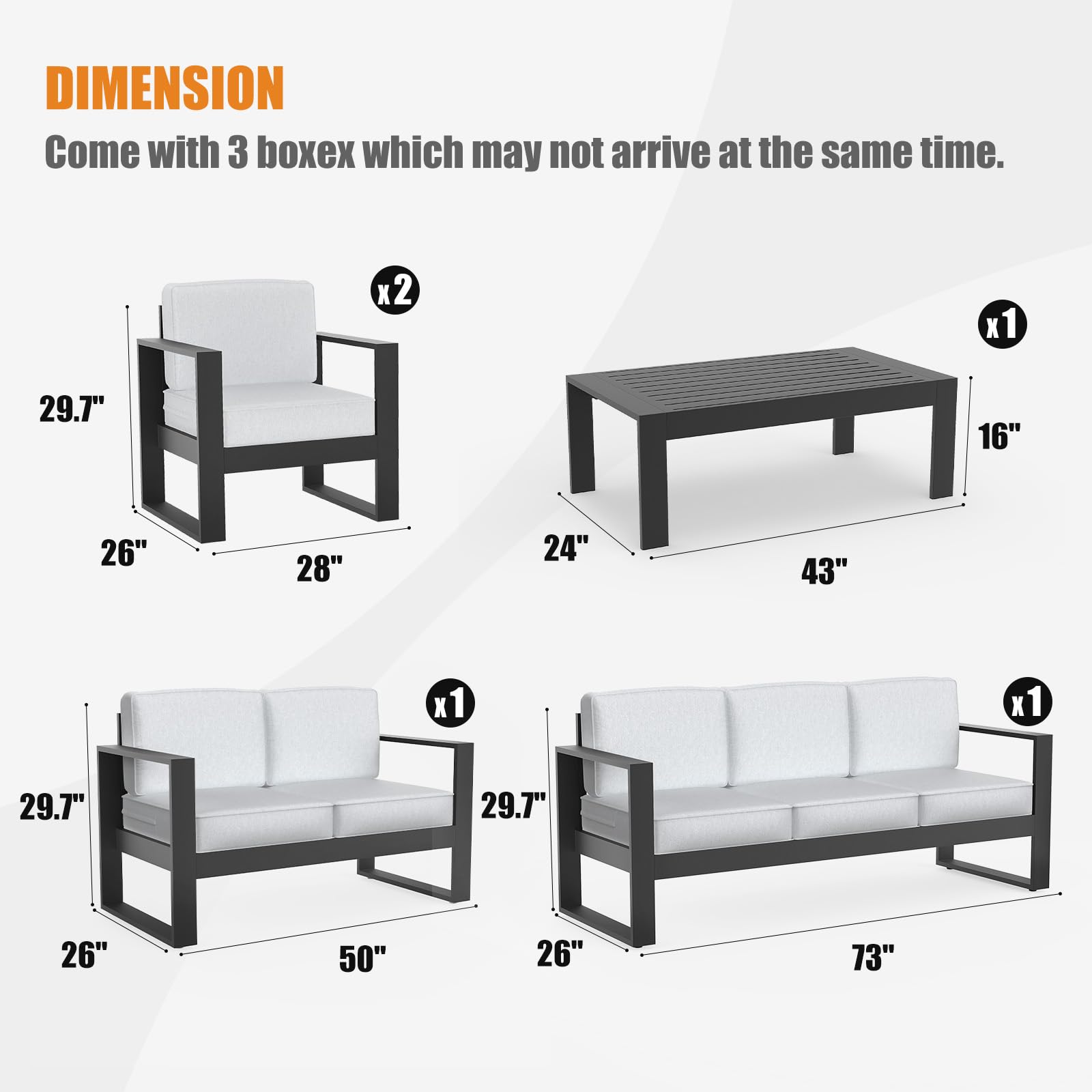 KHOLH 5 Piece Modern Aluminum Patio Furniture Set, Outdoor Patio Sectional Conversation Metal Seating Sets with Olefin Cushion and Coffee Table