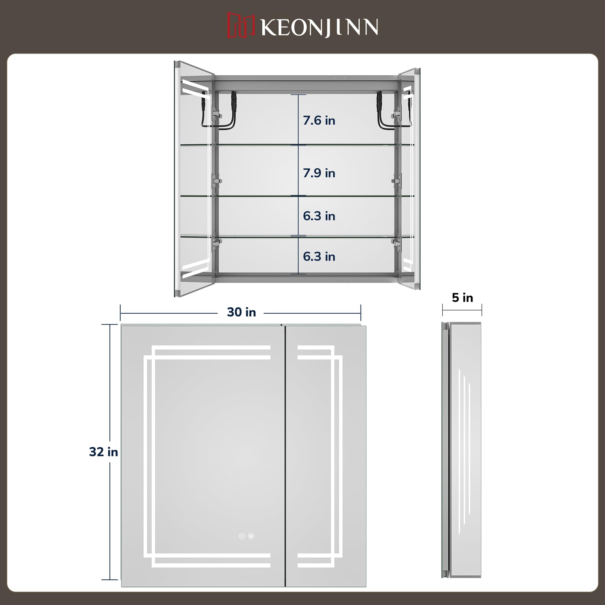 Keonjinn 30x32 Inch Lighted Medicine Cabinet with LED Vanity Mirror for Bathroom Adjustable Shelves Dimmable 3 Color Temperature Lights Anti-Fog Wall Mount LED Medicine Cabinet Mirror