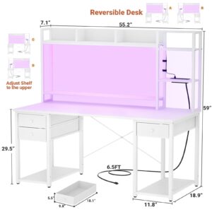 Aheaplus Desk with LED and Outlets, Gaming Desk with Hutch, 55.2'' Computer Desk with Drawers, Reversible Office Desk with Storage Bookshelf Large Workstation Desk with Shelf, Desk for Home, White