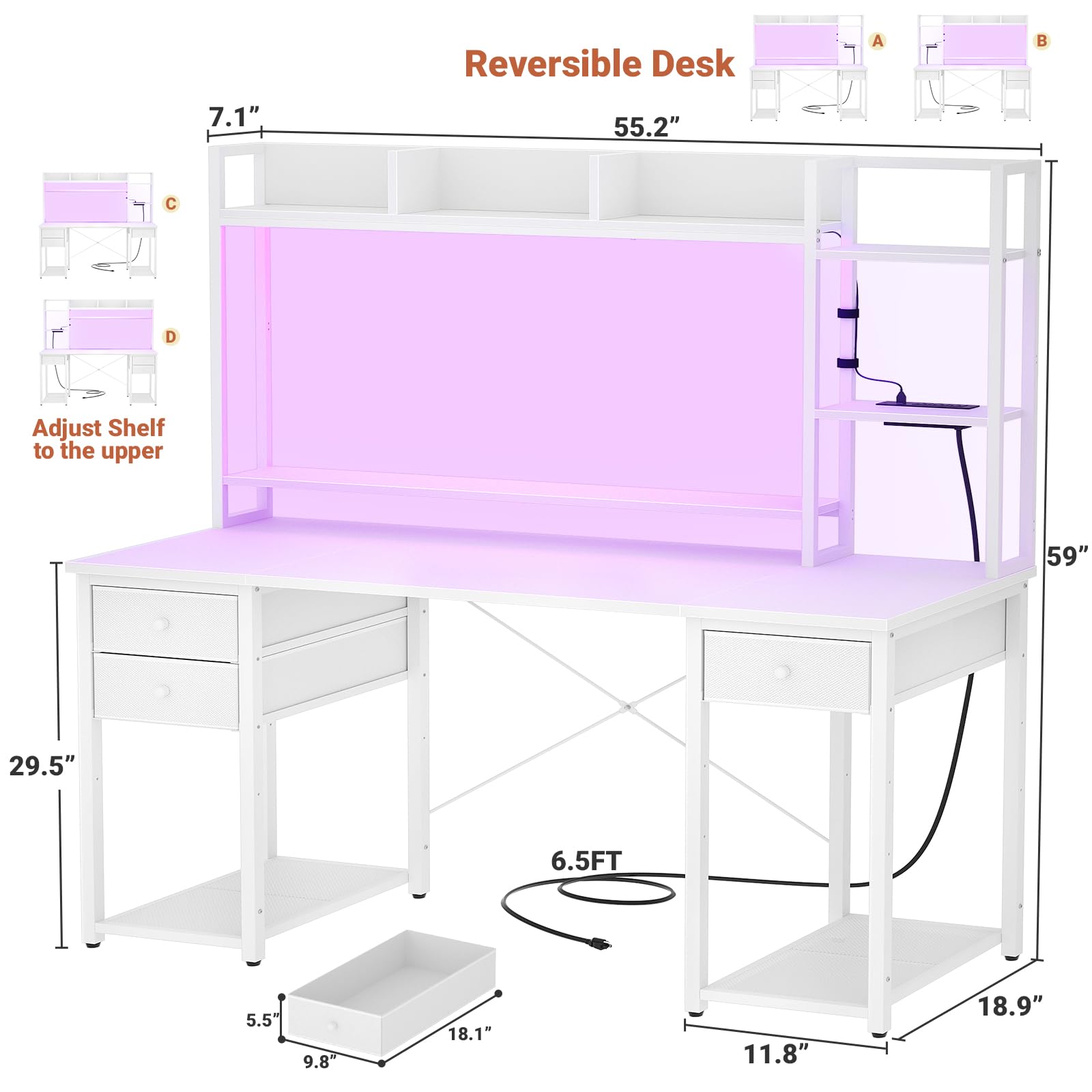 Aheaplus Desk with LED and Outlets, Gaming Desk with Hutch, 55.2'' Computer Desk with Drawers, Reversible Office Desk with Storage Bookshelf Large Workstation Desk with Shelf, Desk for Home, White