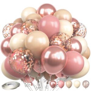 blush pink balloons, 60 pcs 12 inch dusty pink rose gold balloon metallic confetti rose gold cream nude balloon for girls boho birthday wedding decorations supplies bridal baby shower