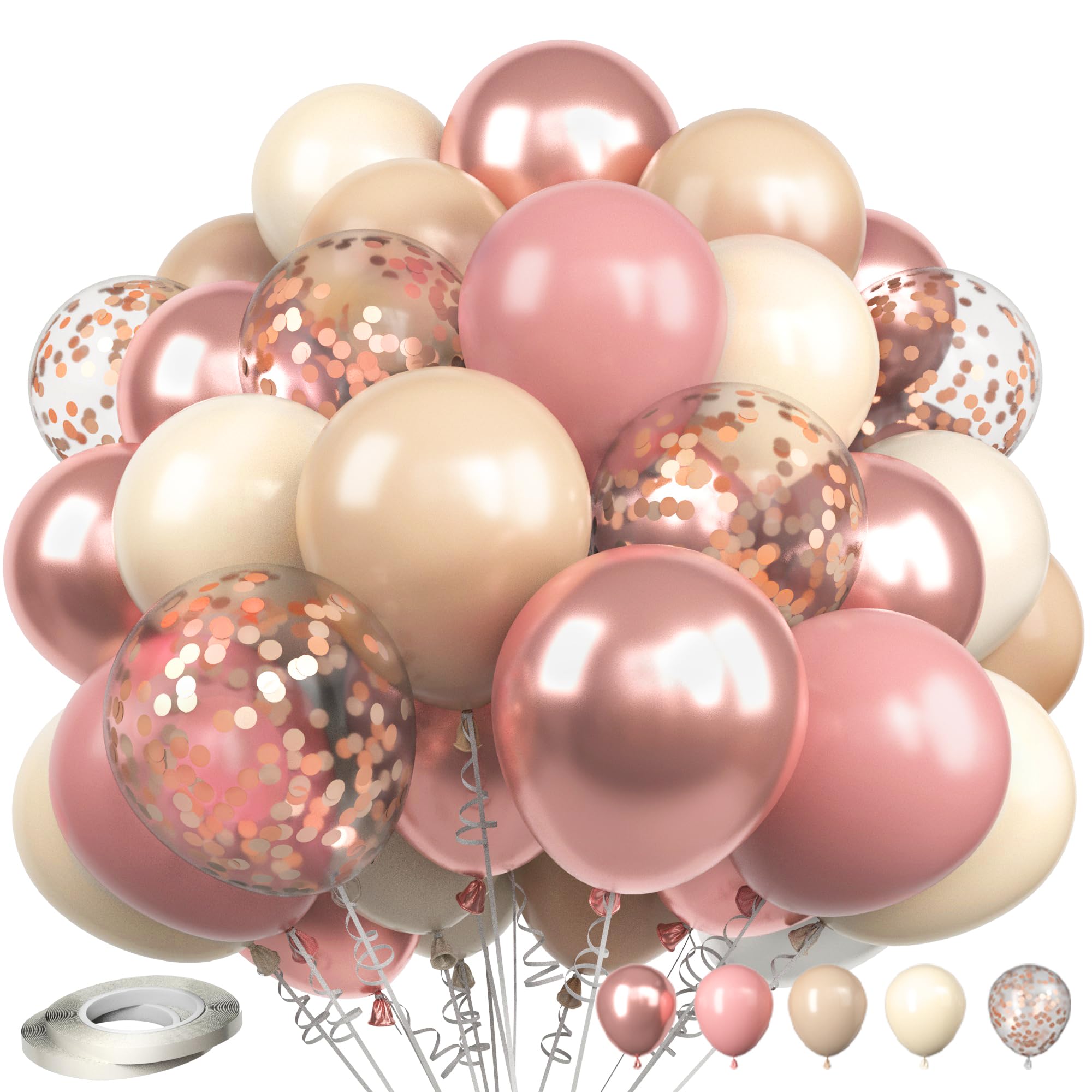 Blush Pink Balloons, 60 Pcs 12 Inch Dusty Pink Rose Gold Balloon Metallic Confetti Rose Gold Cream Nude Balloon for Girls Boho Birthday Wedding Decorations Supplies Bridal Baby Shower