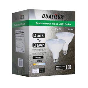 qualilux dusk to dawn par38 led light bulbs, daylight 5000k, 150w equivalent, 1700lm, auto on/off light sensor bulb, e26, 17w 2 pack, hq-h033