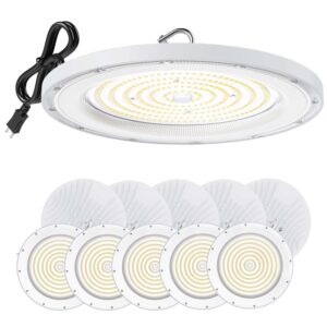 edisonpar led high bay light eco 150w 10-pack, 12' ufo ceiling lighting fixture w/plug for garage shop warehouse workshop 5000k 15000lm non-dimmable ip65 (count of 10 white)